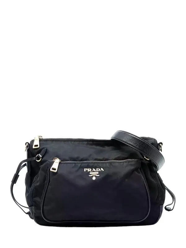 Prada Saffiano Trimmed Tessuto Zip Top Shoulder Bag - Black