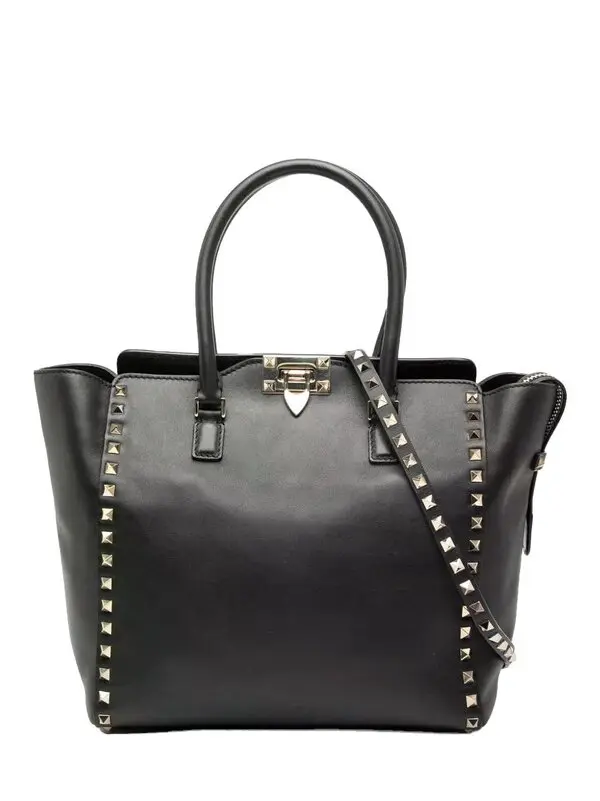 Valentino Garavani Leather Rockstud Double Handle Tote Satchel - Black