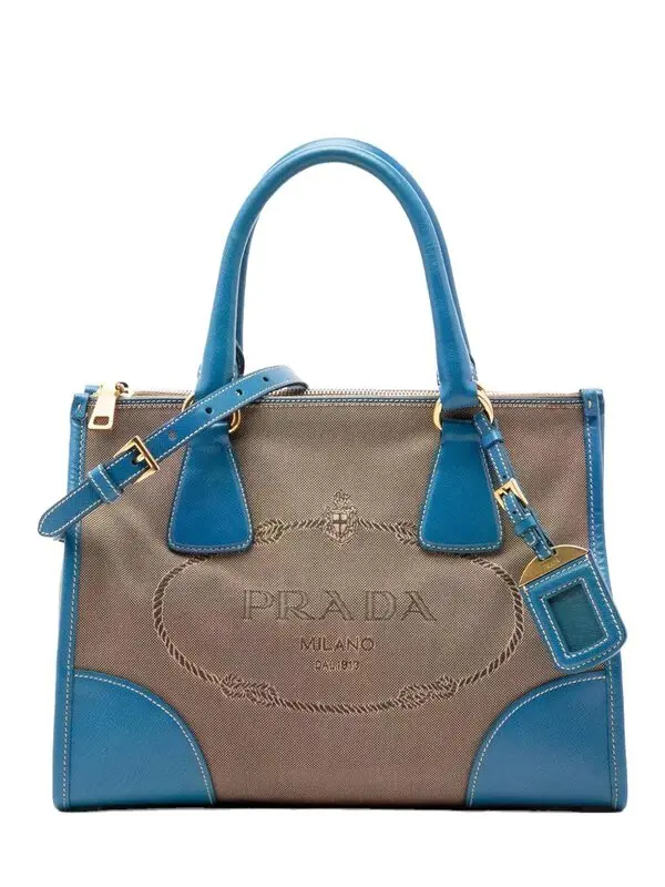 Prada Saffiano Trimmed Canvas Canapa Logo Satchel - Brown