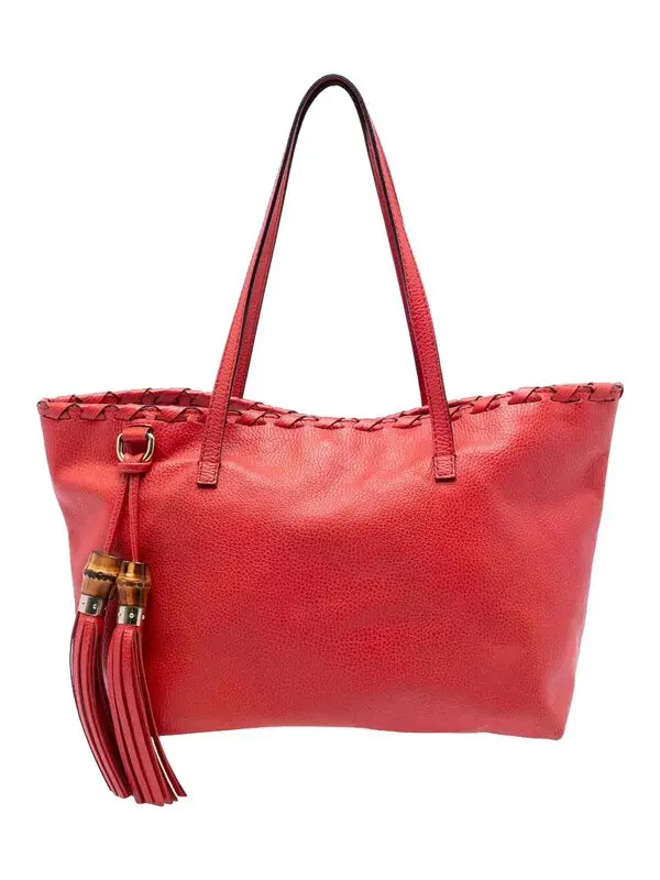 Gucci Leather Bamboo Tassel Tote Bag - Red