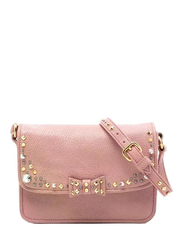 Miu Miu 2010-2026 Studded Goatskin Madras Crystal Crossbody Bag - Pink