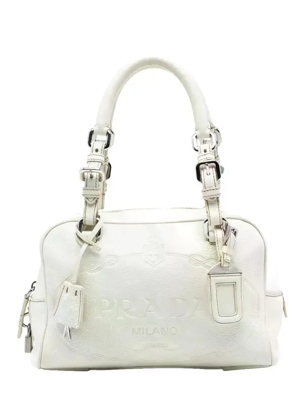 Prada 2013-2025 Vitello Daino Embossed Logo Bauletto Bag - White
