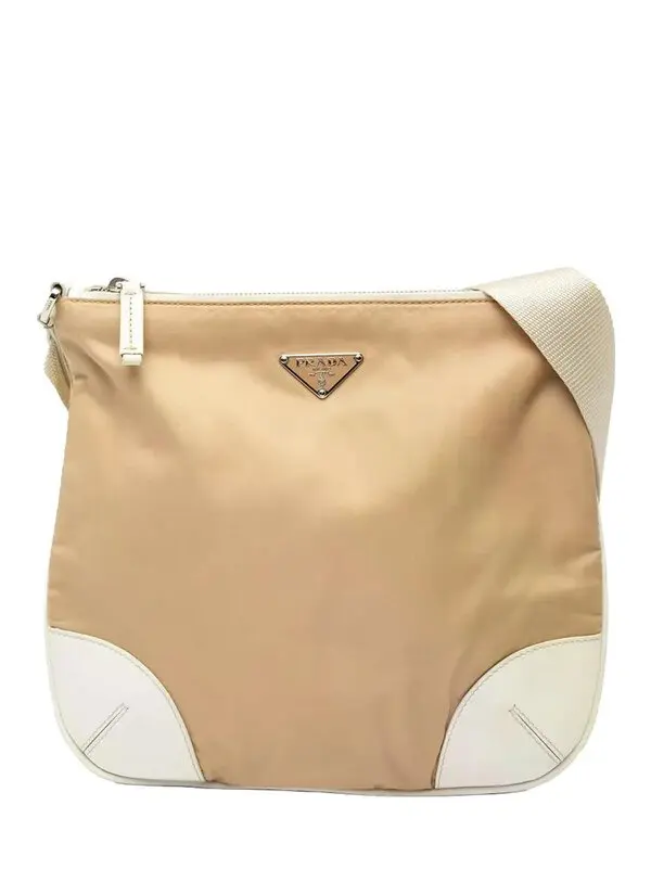 Prada 2013-2025 Leather Trimmed Tessuto Zip Top Crossbody Bag - White
