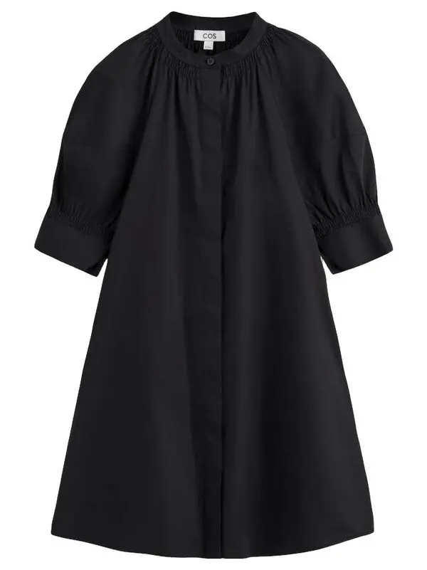 Cos Smocked Puff-sleeve Shirt Dress - Black