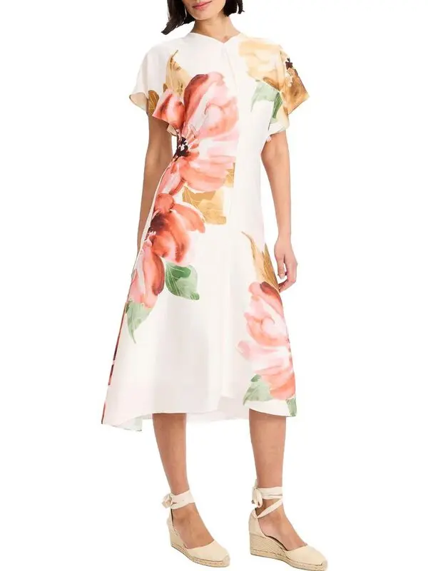 Maggy London Floral Print Flutter Sleeve Midi Dress - Ivory/persimmon