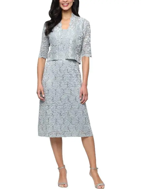 SL FASHIONS Sequin Stretch Lace Cocktail Dress With Jacket - Sage