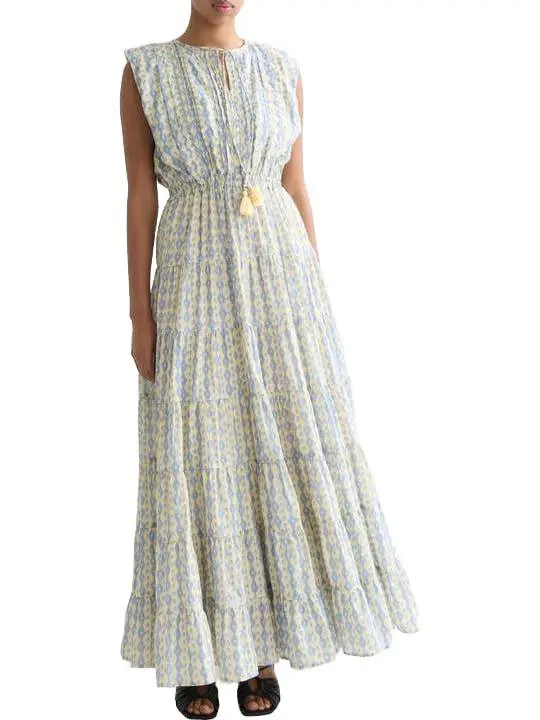 Scotch & Soda Abstract Print Tiered Cotton Blend Maxi Dress - Cactus Stripe Placed Raffia