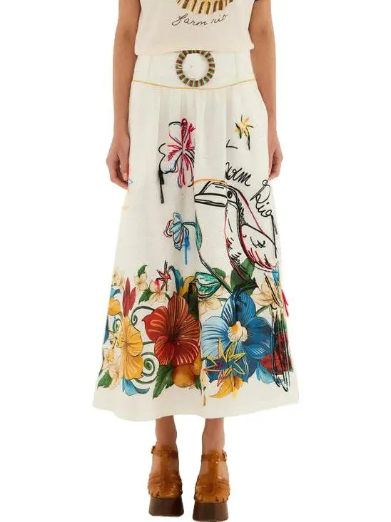 Farm Rio Floral Linen Maxi Skirt - Tropi Off-white