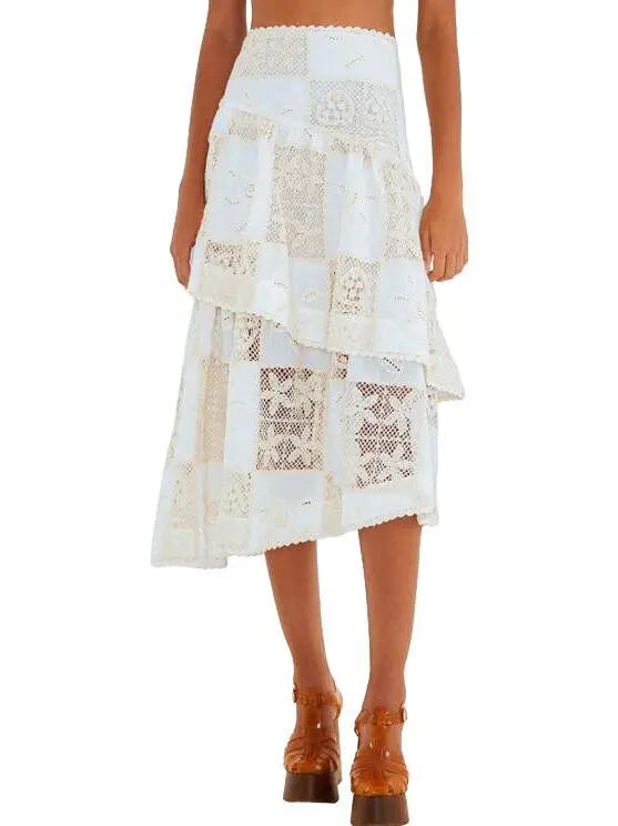 Farm Rio Lace Detail Tiered Asymmetric Cotton Skirt - Off-white