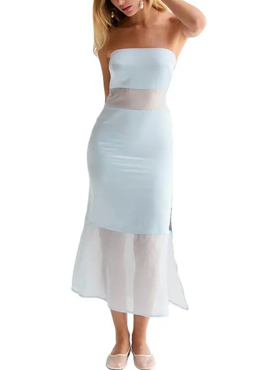 CRESCENT Satin Mixed Media Tube Midi Dress - Light Blue