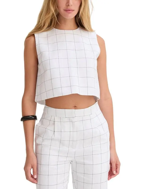 CRESCENT Windowpane Semi Cropped Linen Top - White