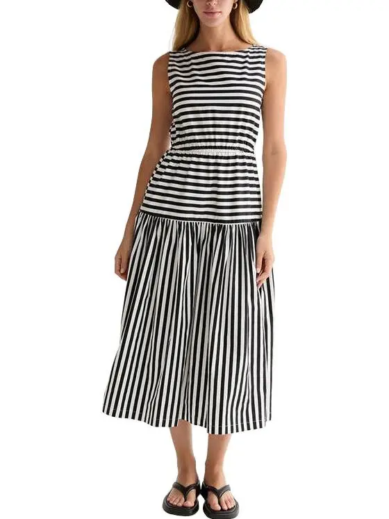 CRESCENT Cotton Blend Stripe Midi Dress - White/black