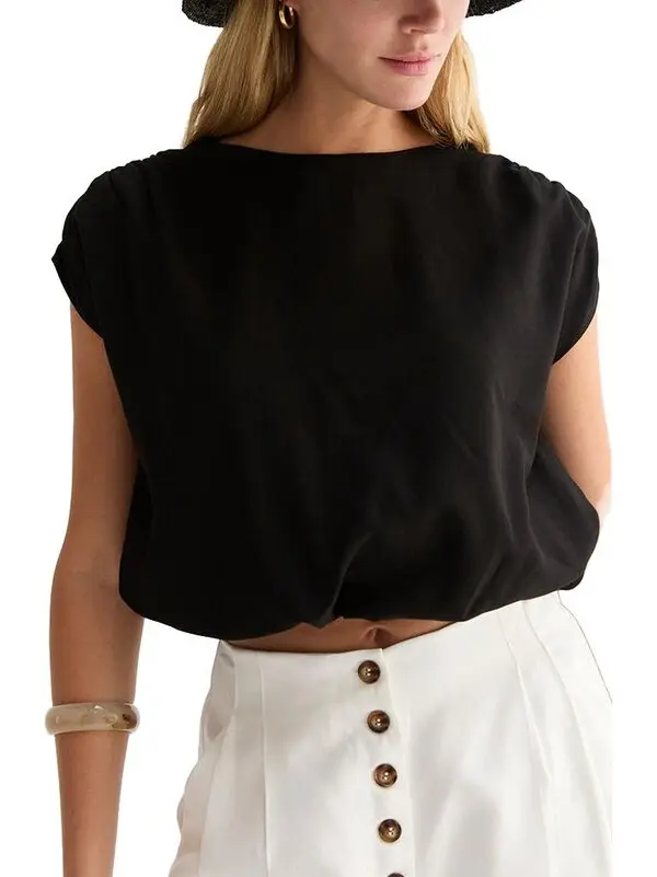 CRESCENT Cap-sleeve Bubble Hem Top - Black