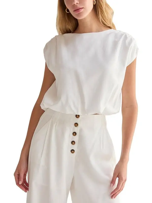 CRESCENT Cap-sleeve Bubble Hem Top - Ivory