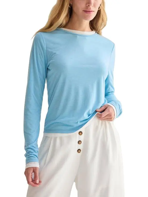 CRESCENT Two-in-one Long Sleeve Knit Top - Light Blue/white