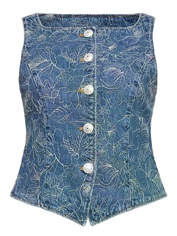 Cinq À Sept Floral Button Denim Vest - Blue