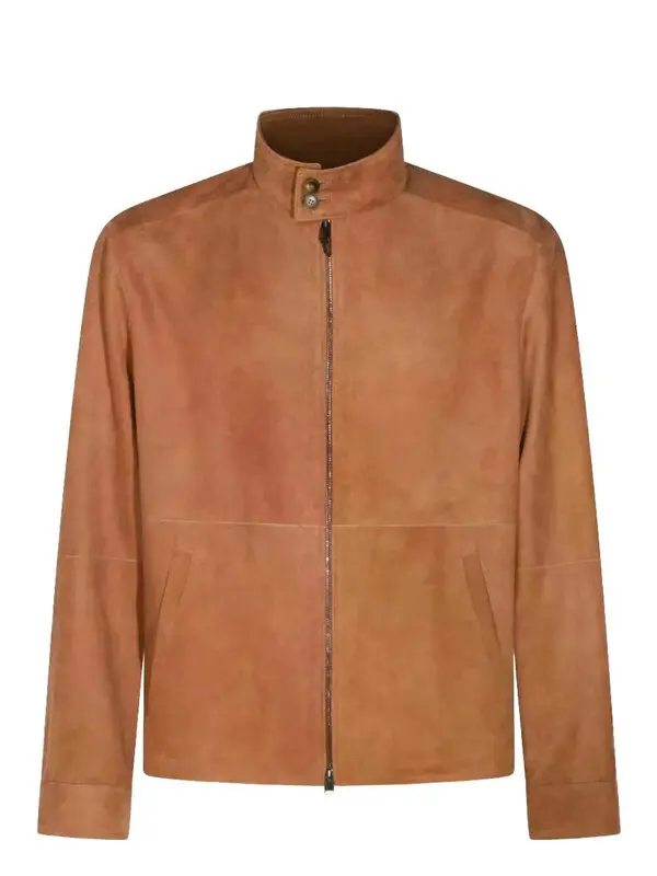 Canali Zip-up Stand-collar Leather Jacket - Brown