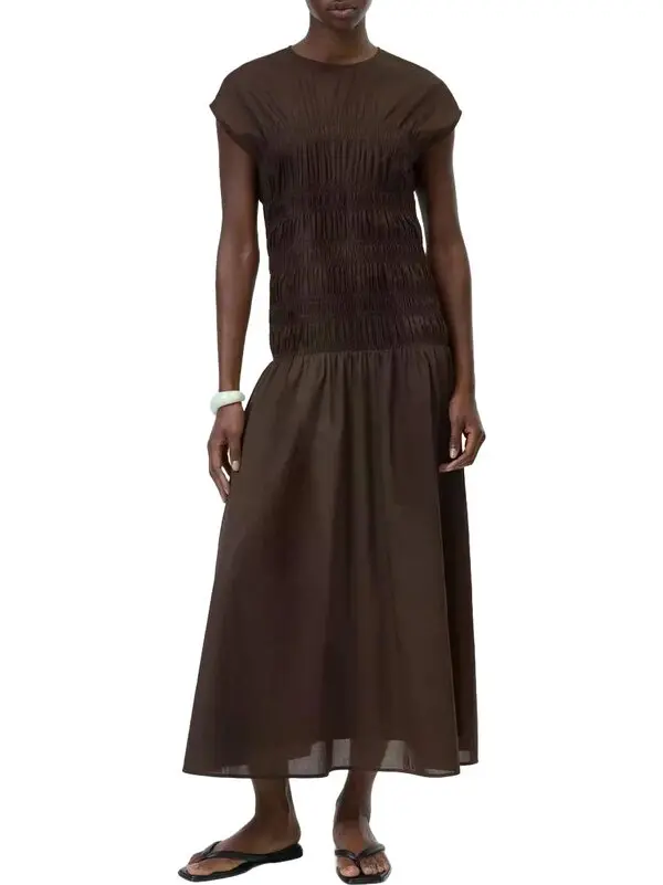 Closed Shirred Midi Dress - Brown