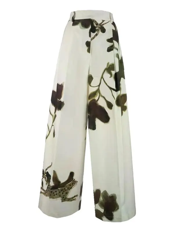 CO.GO Floral-detail Cotton Trousers - Neutrals