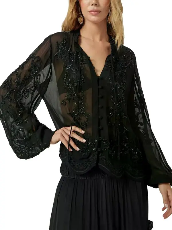 SCARLETT POPPIES Beaded Buttoned Blouse - Black