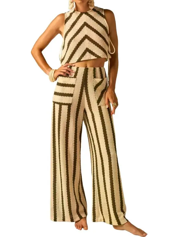 JBQ Striped Wide Leg Palazzo Pants - Neutrals