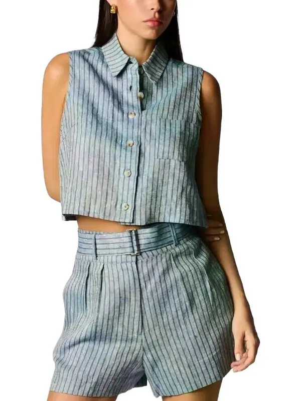HEVRON Striped Sleeveless Collared Top - Blue