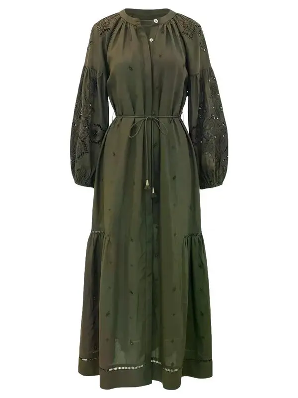 SCARLETT POPPIES Embroidered Balloon-sleeve Dress - Green