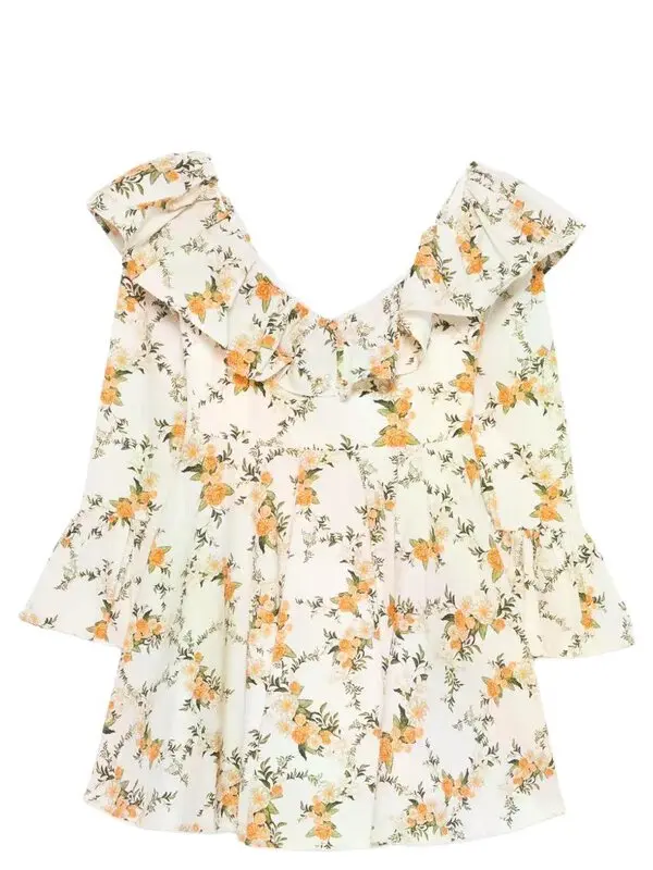 Agua Bendita Ruffled Floral-print Mini Dress - Neutrals