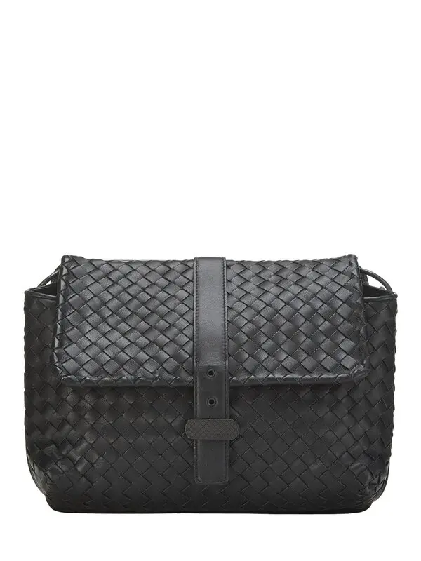 Bottega Veneta Intrecciato Double Flap Shoulder Bag - Black
