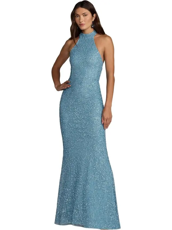 Mac Duggal Embellished Halter Neck Open Back Gown - Blue