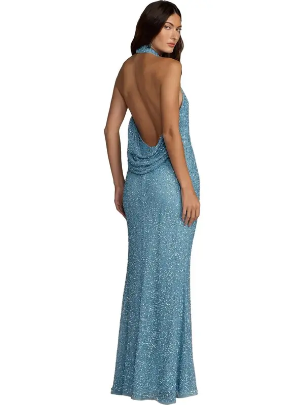 Mac Duggal Embellished Halter Neck Open Back Gown - Blue