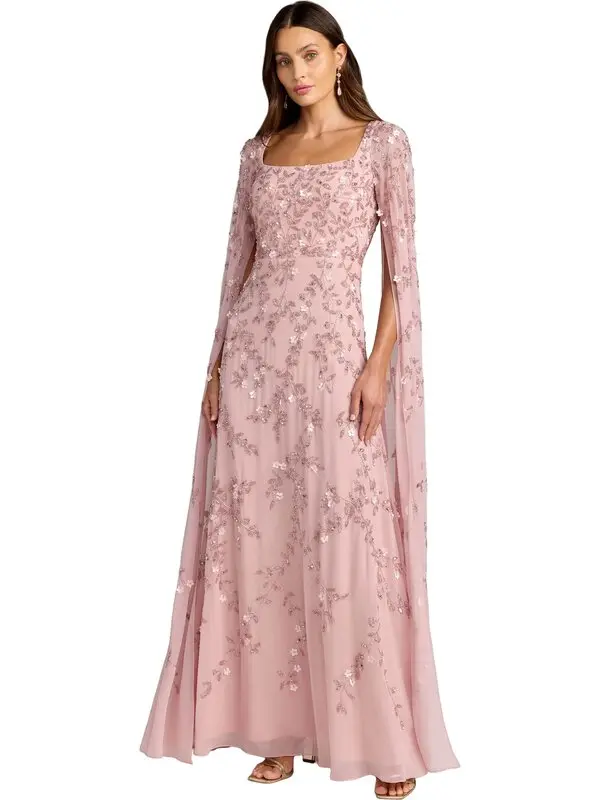 Mac Duggal Petite Beaded Square Neck Cape Sleeve Gown - Pink