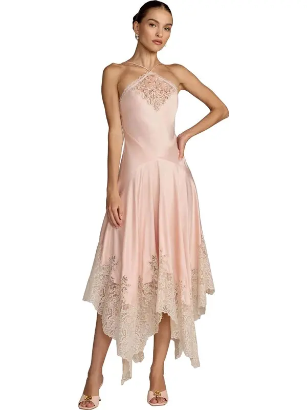 Mac Duggal Lace Trim Handkerchief Midi Dress - Ballet Slipper