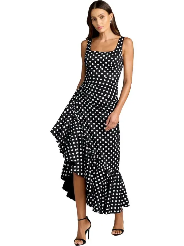 Mac Duggal Polka Dot Midi Dress With Ruffled Hem - Black Ivory