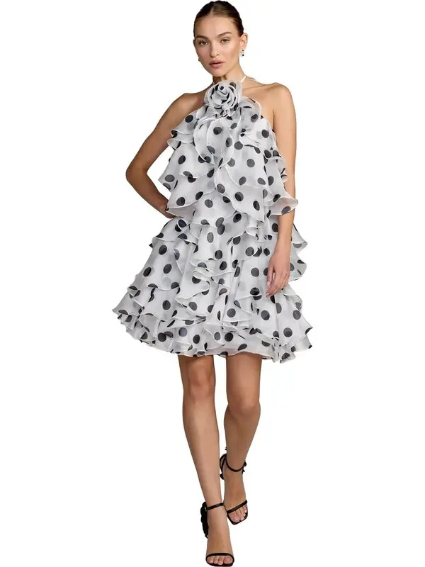 Mac Duggal Polka Dot Halterneck Ruffle Mini Dress - Black Ivory