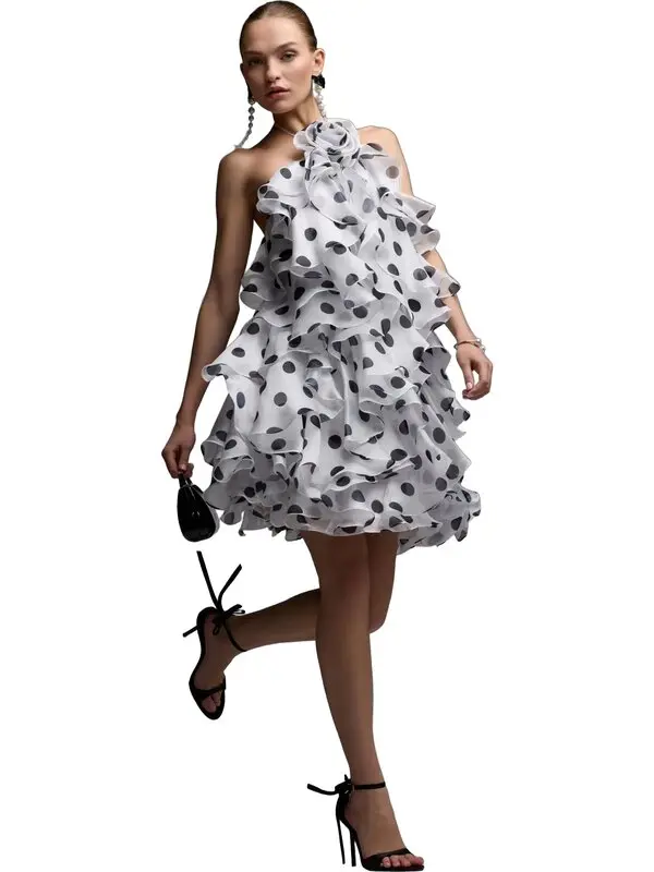 Mac Duggal Polka Dot Halterneck Ruffle Mini Dress - Black Ivory