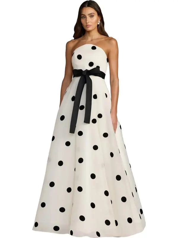 Mac Duggal Strapless Polka Dot Organza Gown With Satin Bow - Black Ivory