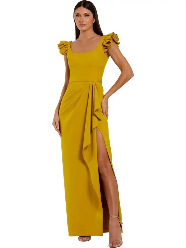 Mac Duggal Square Neck Column Gown With Ruffle Detail - Chartreuse