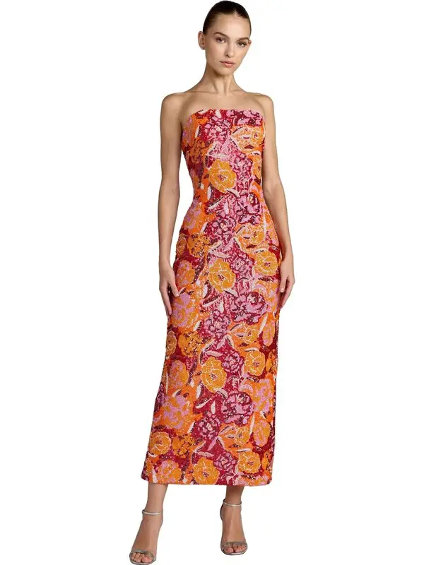 Mac Duggal Floral Sequin Strapless Midi Dress - Tangerine Multi