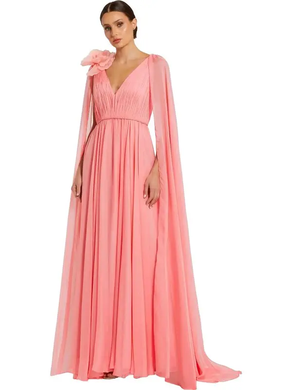 Mac Duggal Chiffon V-neck Gown With Cape Sleeves - Hibiscus