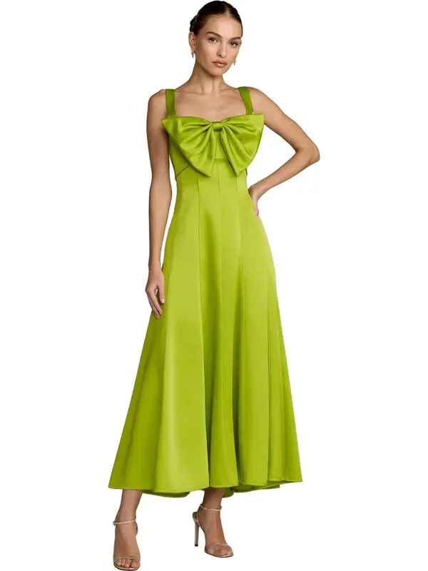 Mac Duggal Satin Midi Dress With Bow - Apple Green