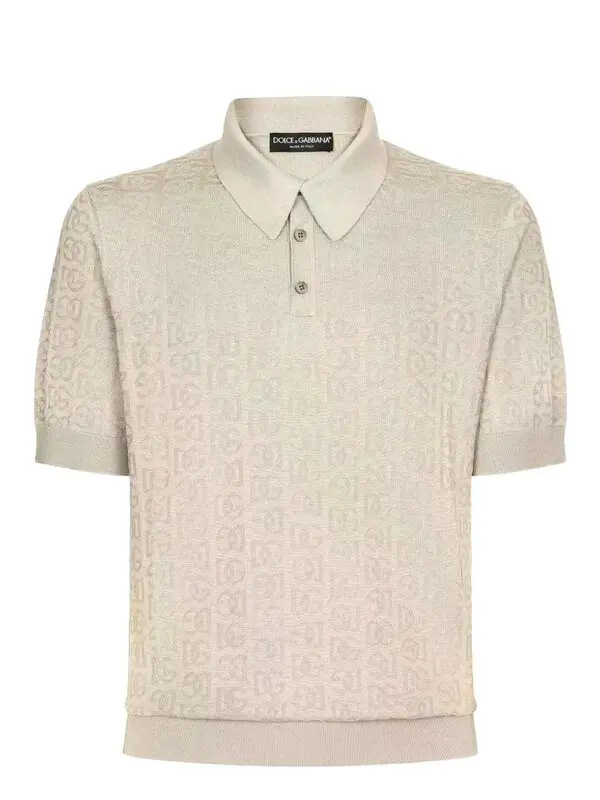 Dolce & Gabbana Silk Jacquard Polo Shirt With Dg Logo - Neutrals