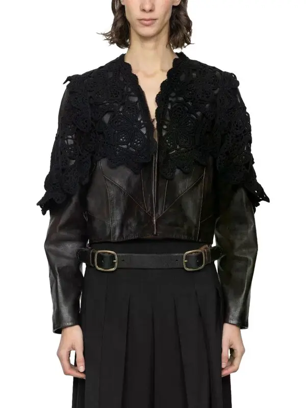 Sea Crochet-overlay Leather Jacket - Brown