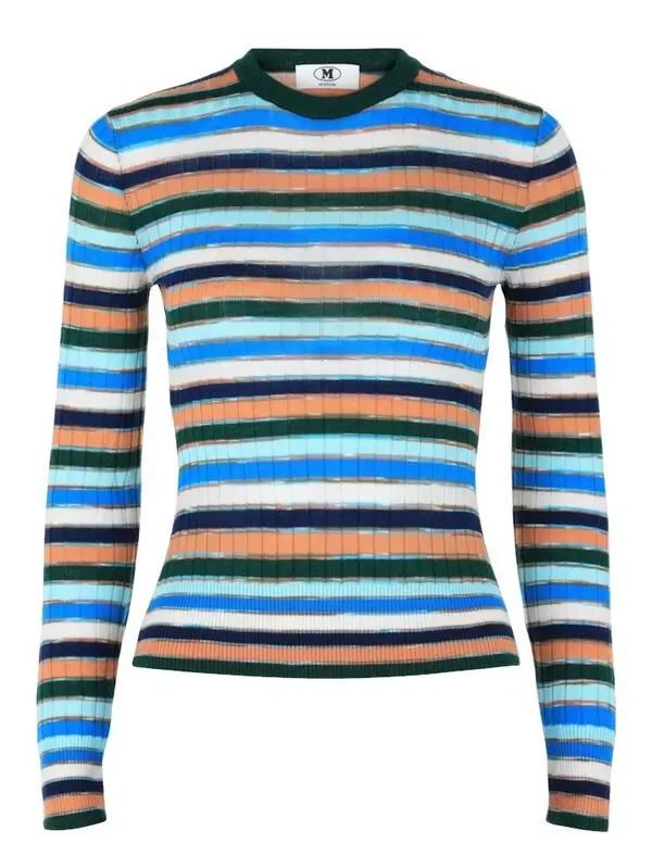 SLOWEAR Striped Crewneck Sweatshirt - Green Blue White Beige Space Dyed Strpes