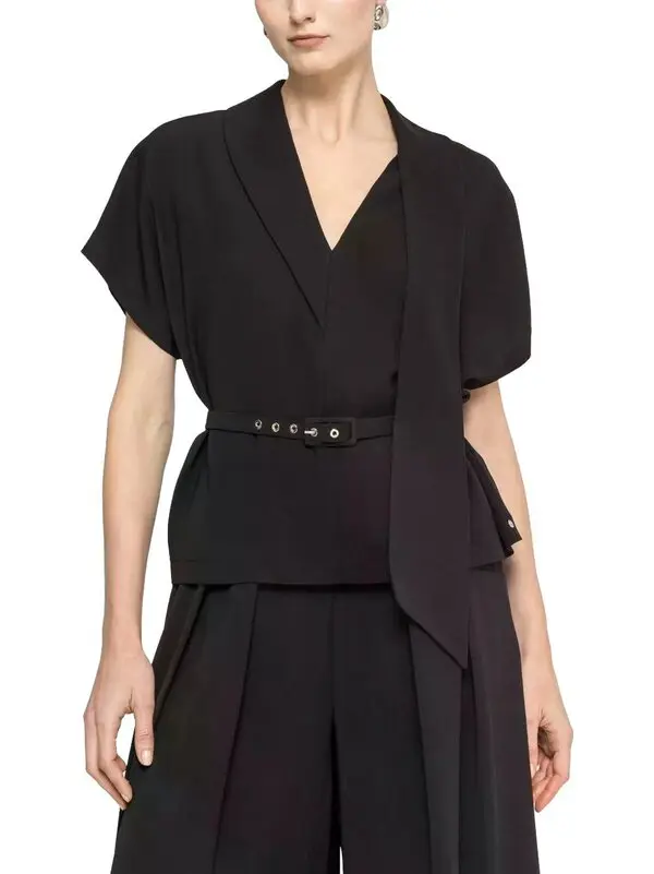 NISSA Belted V-neck Top - Black