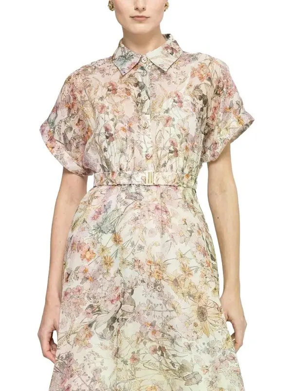 NISSA Belted Floral Print Linen Dress - Neutrals