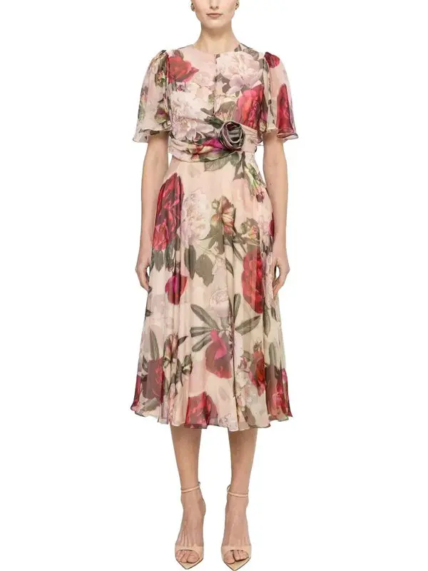 NISSA Floral Print Silk Midi Dress - Neutrals