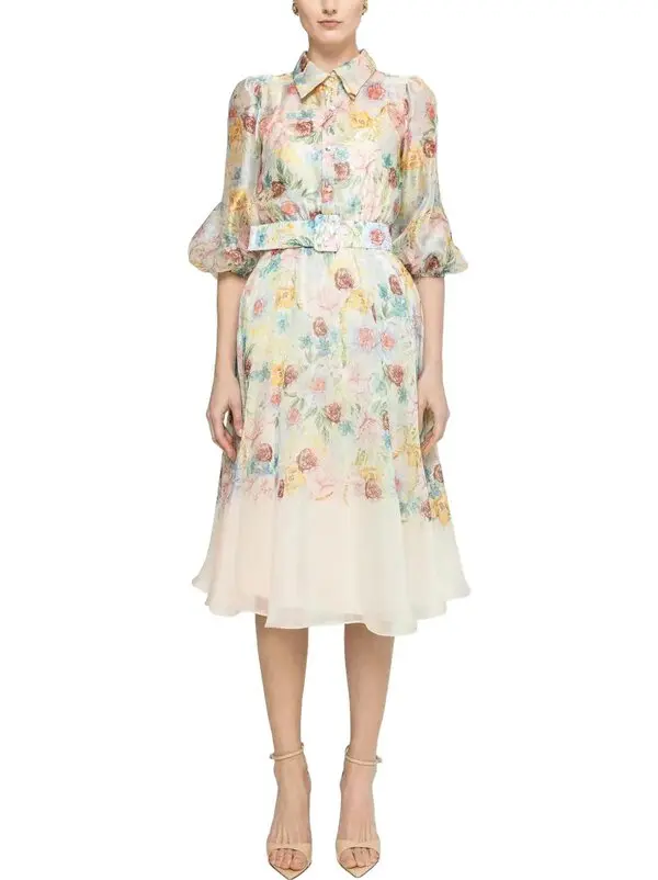 NISSA Printed Organza Midi Dress - Neutrals
