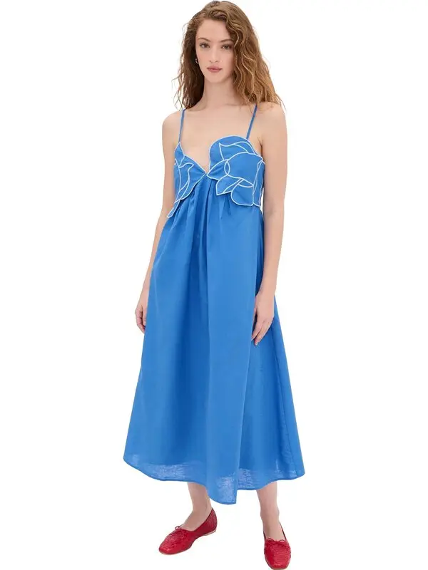 English Factory Embroidered Pleated Midi Dress - Blue