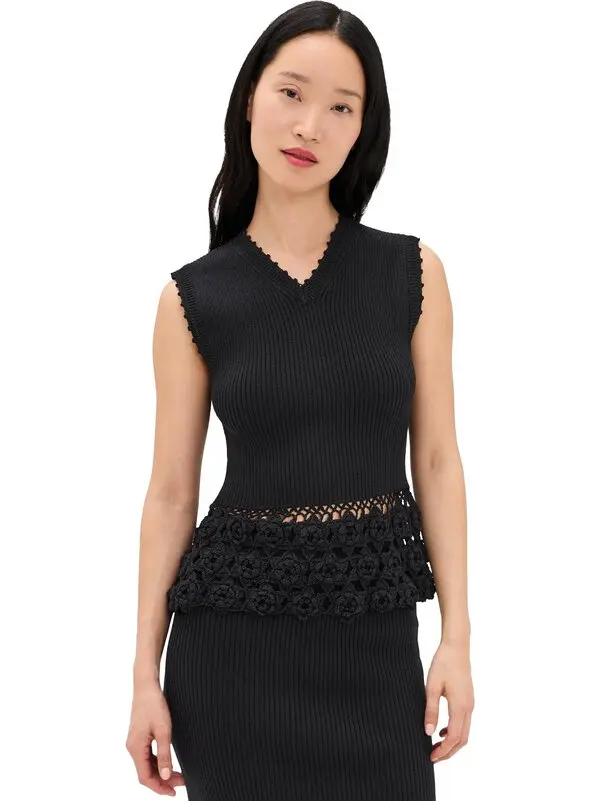 GANNI Fine Cotton Rib Crochet Vest - Black